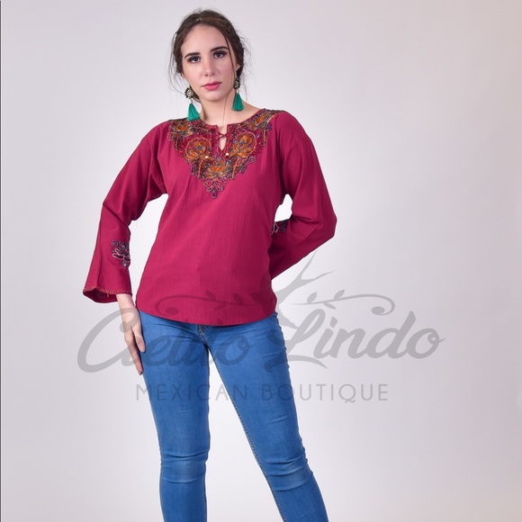 Cielito Lindo | Tops | New Handmade Beaded Boho Blouse Floral Sequined ...